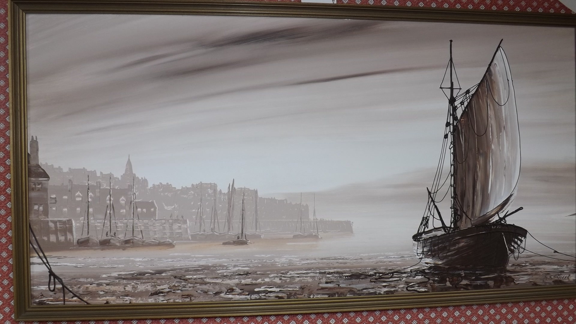 J Passeur French Artist Oil on Board Sailing Boat Moored Coastal Town ...