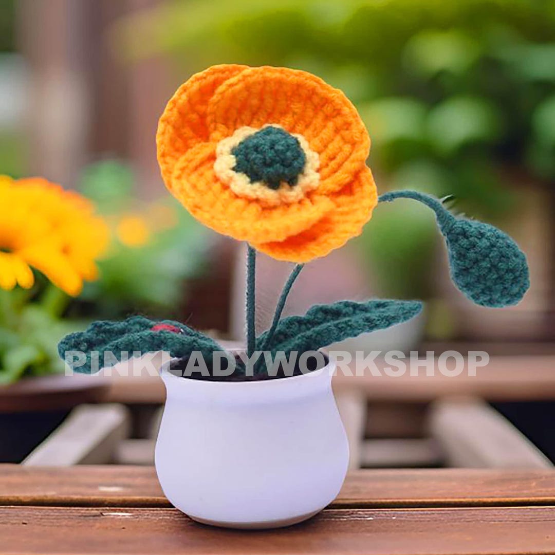 Crochet Poppy Flower Pot: Handmade Cotton Desk Decor - Etsy