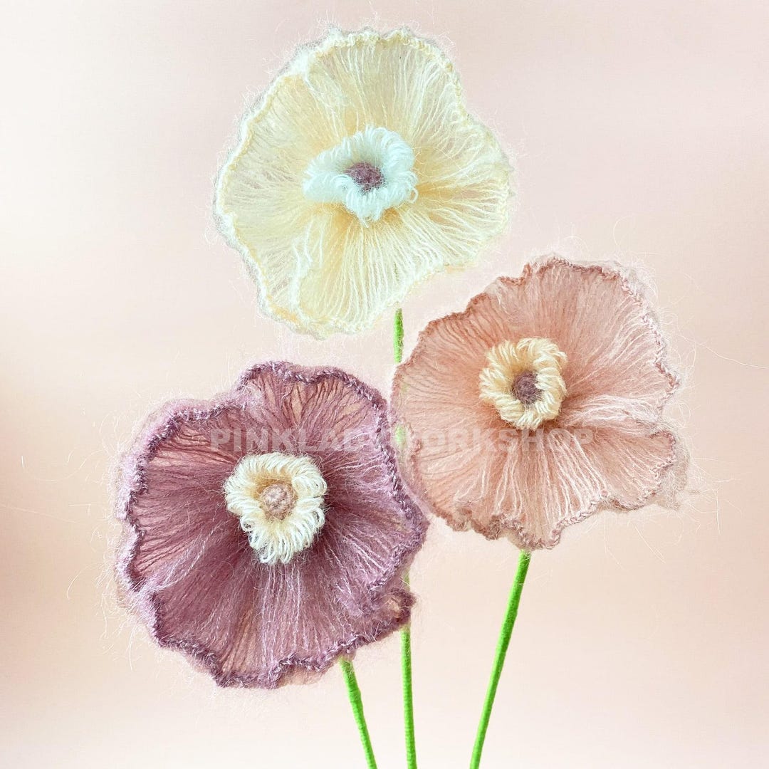 Handmade Crochet Iceland Poppy Bouquet (no Vase): Fuzzy Yarn Pastel ...