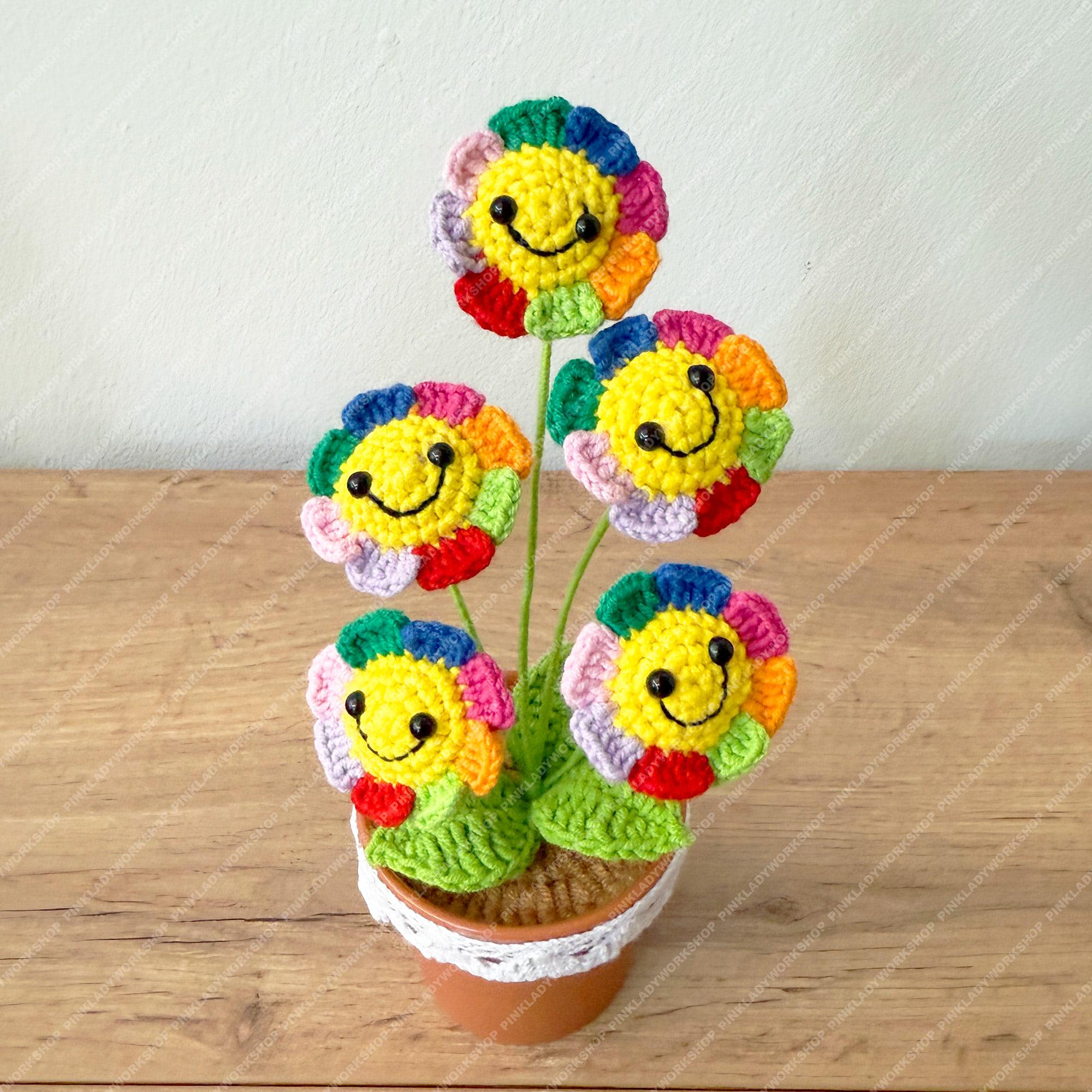 Crochet Rainbow Smiley Flower Pot | Handmade Colorful Happy Flower ...