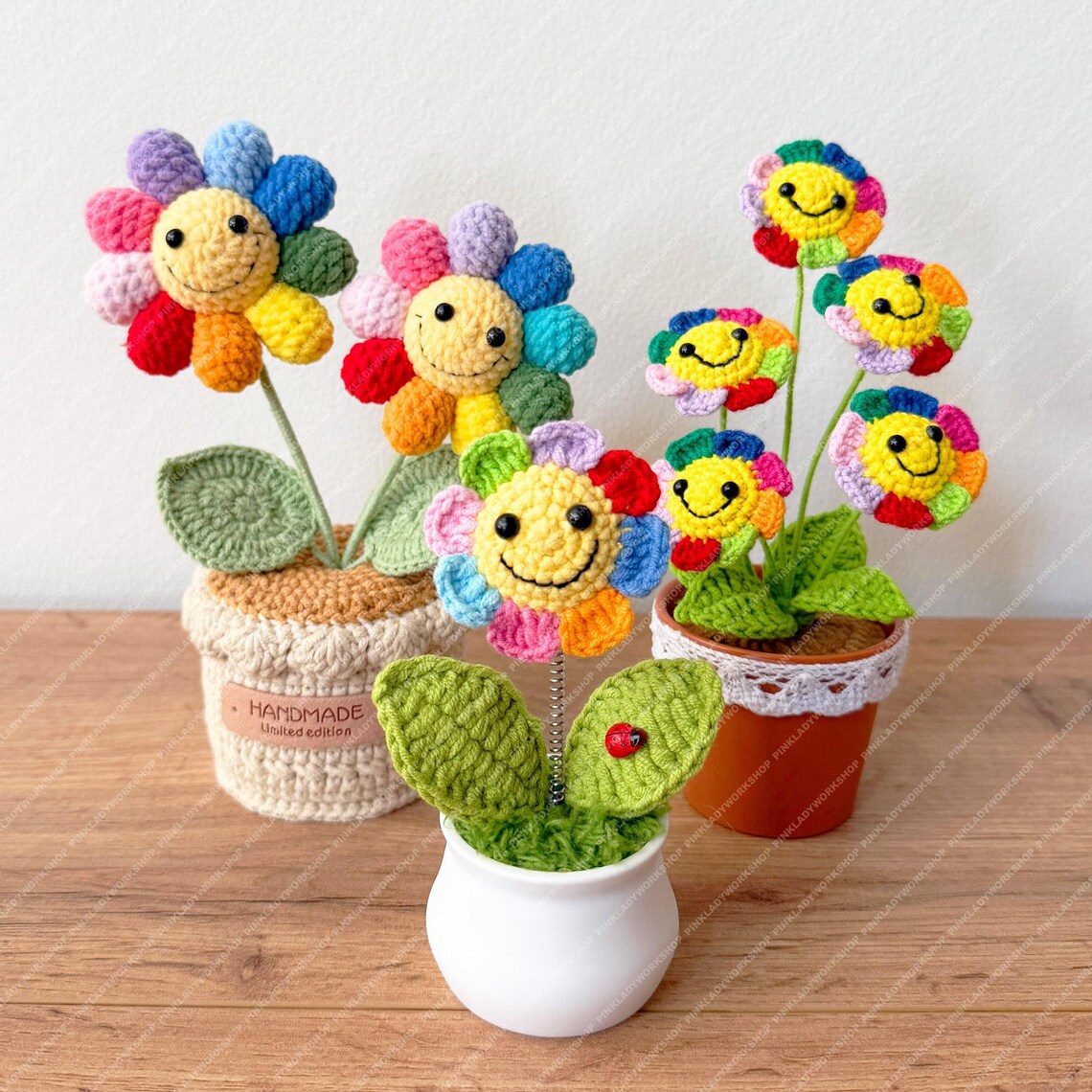 Crochet Rainbow Smiley Flower Pot | Handmade Colorful Happy Flower ...