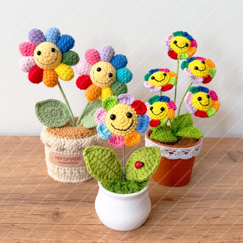 Crochet Rainbow Smiley Flower Pot | Handmade Colorful Happy Flower ...