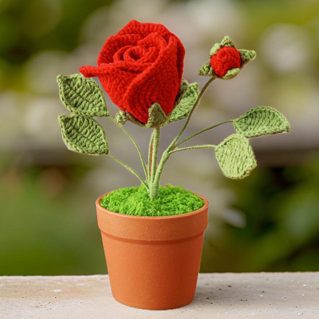 Handmade Crochet Rose Plant: Yarn Flower Pot Decor - Etsy