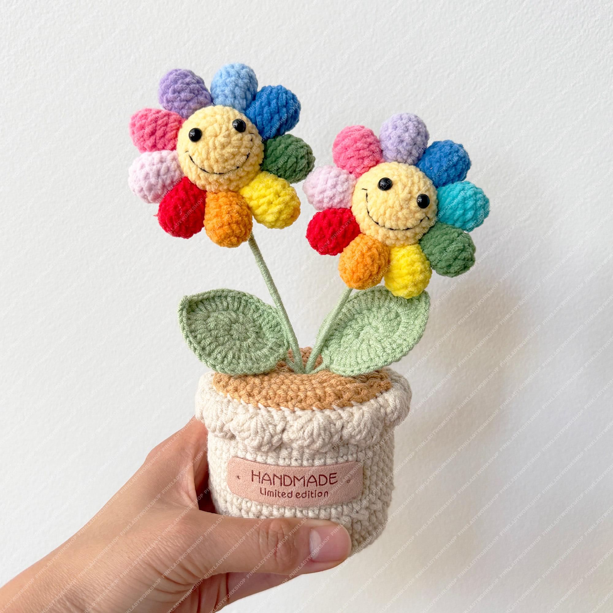 Crochet Rainbow Smiley Flower Pot | Handmade Colorful Happy Flower ...