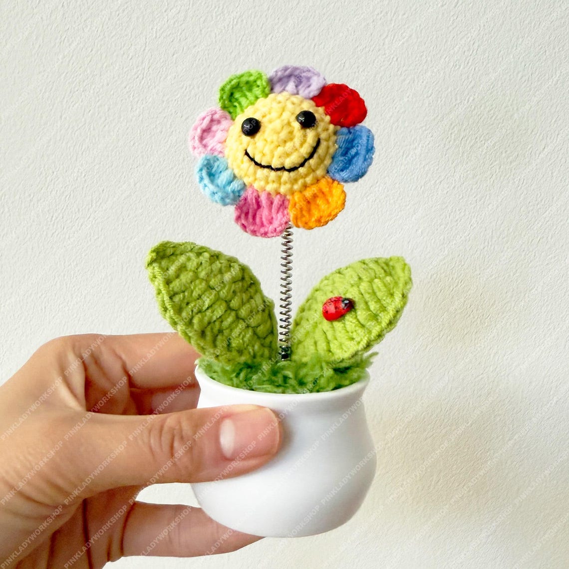 Crochet Rainbow Smiley Flower Pot | Handmade Colorful Happy Flower ...