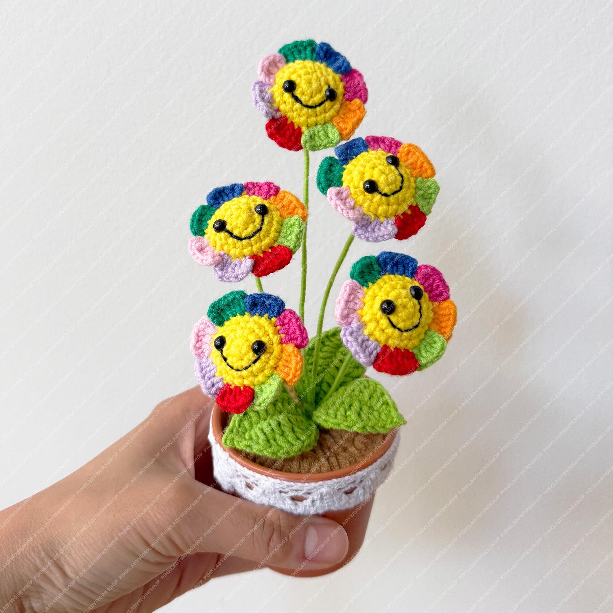Crochet Rainbow Smiley Flower Pot | Handmade Colorful Happy Flower ...