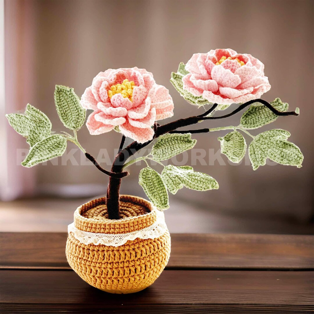 Handmade Crochet Peony Flower Bonsai Tree Pot: Cotton Yarn Home Decor ...