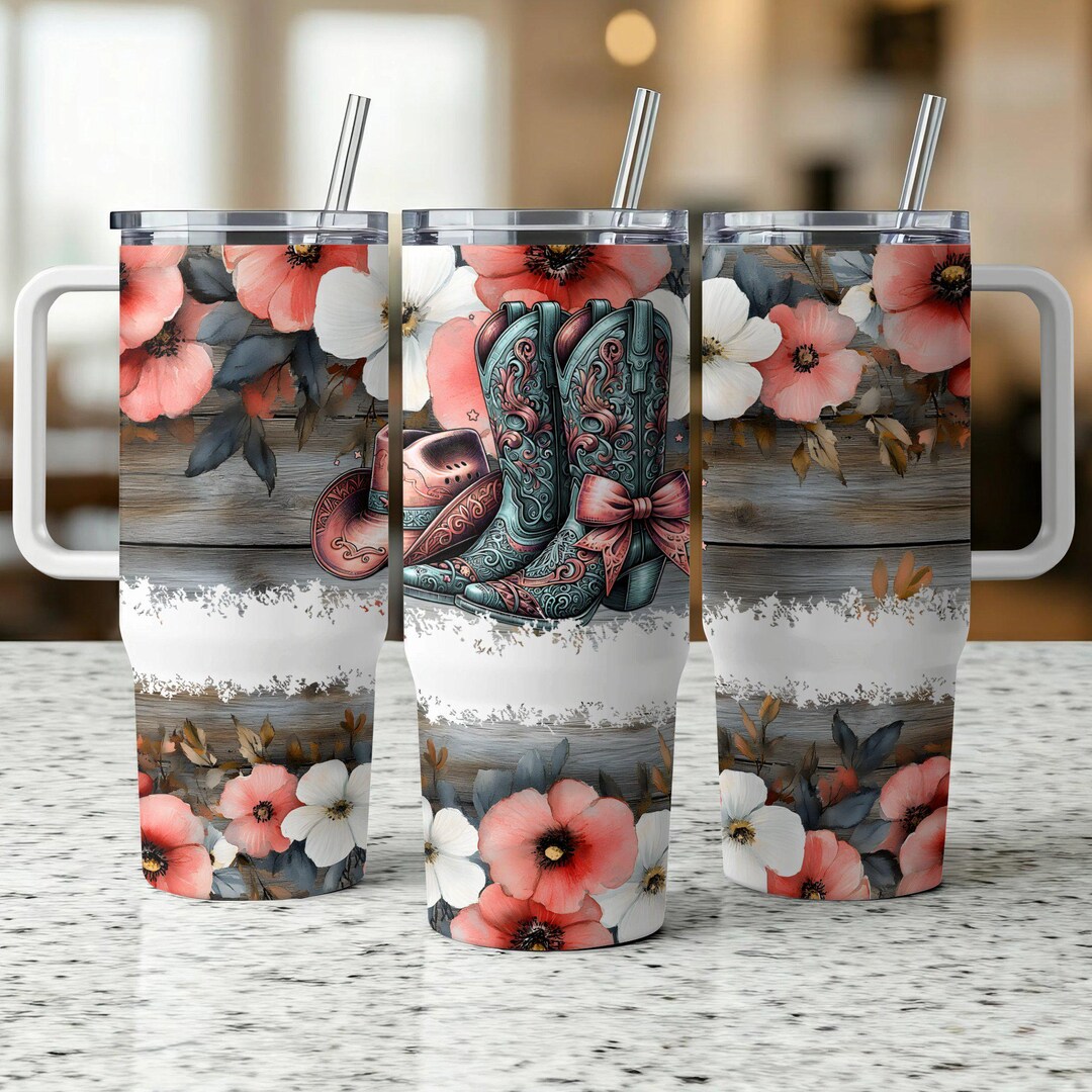 Floral Western Cowboy Boots and Hat PNG, 40oz Tumbler Wrap Seamless ...