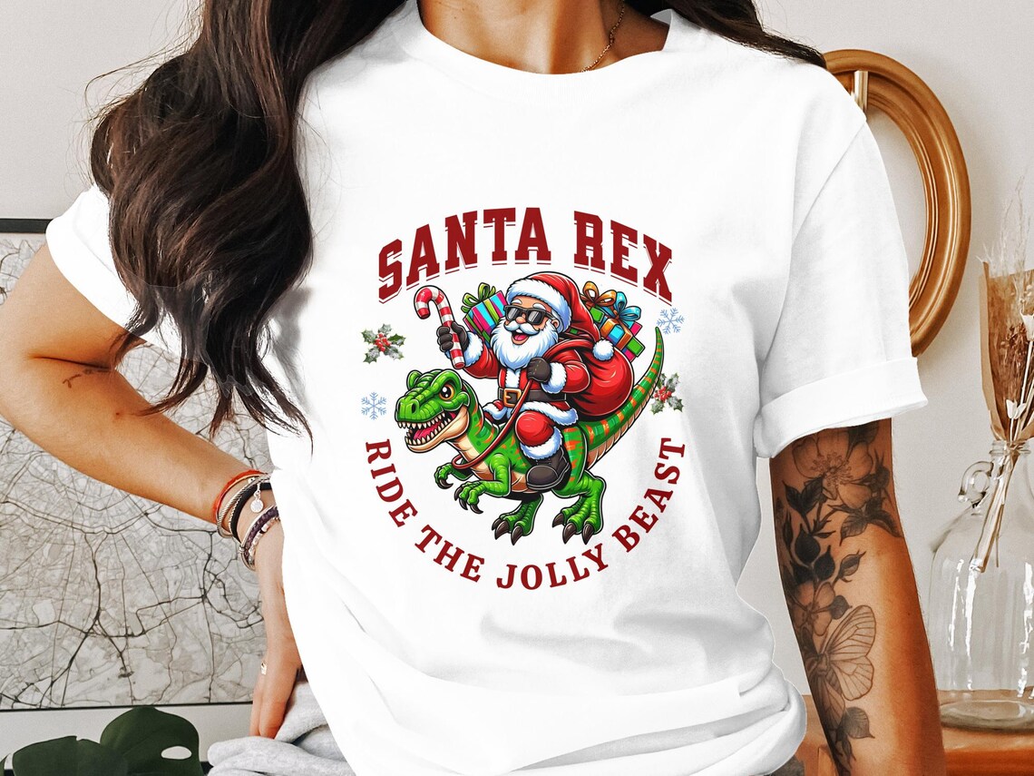 Santa Rex Ride the Jolly Beast PNG, Christmas Dinosaur PNG, Funny Santa ...