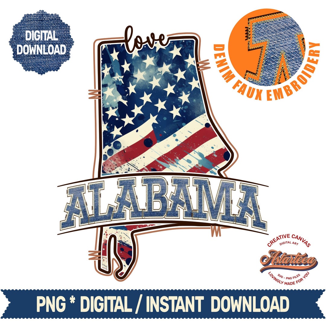 Alabama State Shape PNG | Denim Faux Embroidery | US Flag PNG | Doodle ...