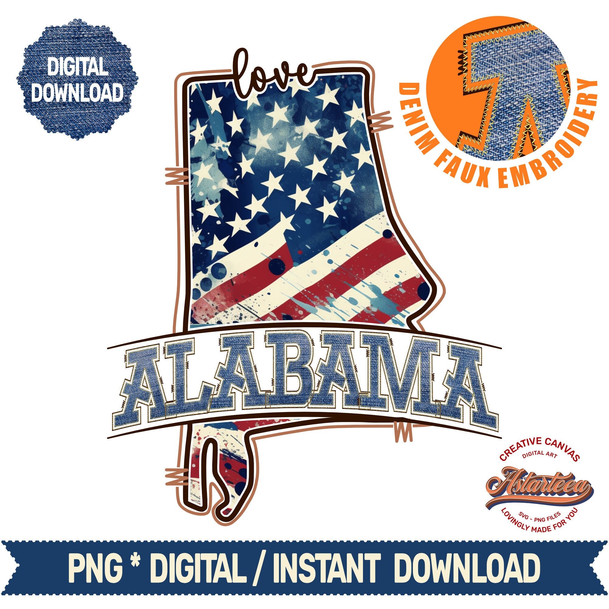 Alabama State Shape PNG | Denim Faux Embroidery | US Flag PNG | Doodle ...