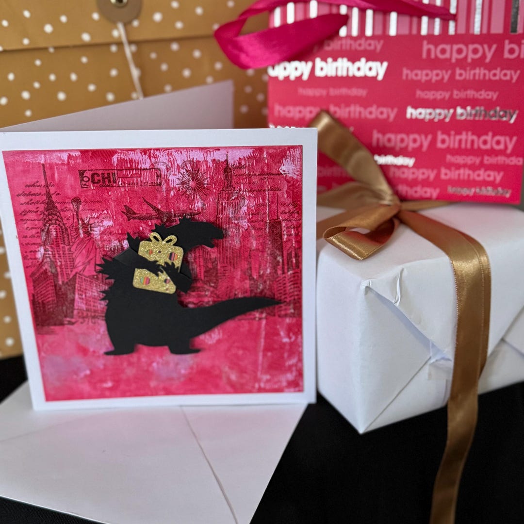 Handmade Godzilla Birthday Card: New York Street Scene Background. - Etsy