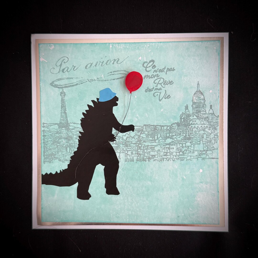 Godzilla in A Hat Celebrating in Paris, Unique Handmade Birthday or Fun ...