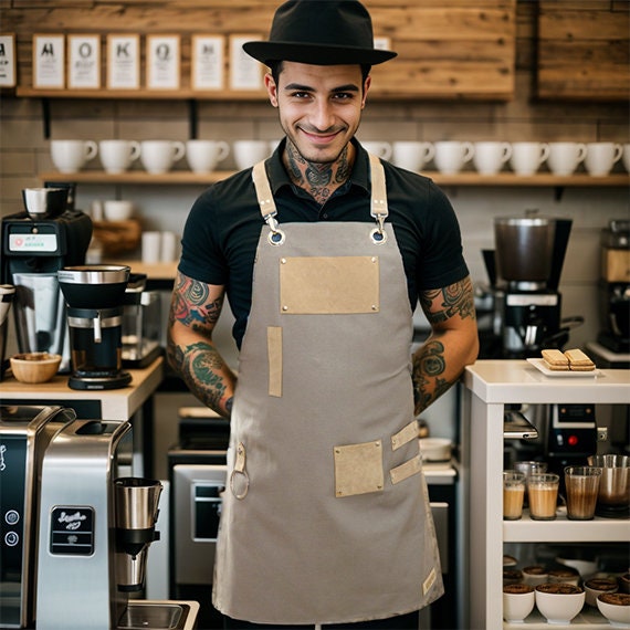 Canvas Apron Vegan Leather Pockets Adjustable Straps Women and Men ...