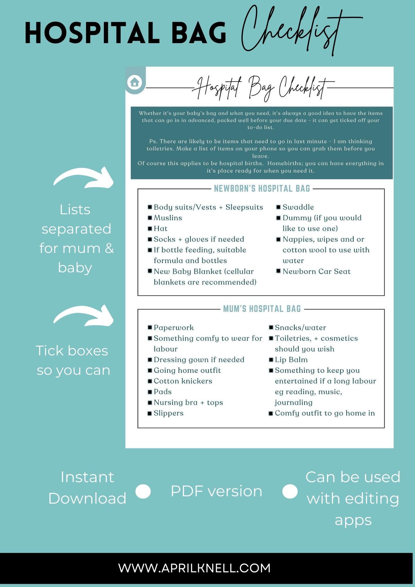 Hospital Bag Checklist Printable, Birth Bag Packing List, Pregnancy ...