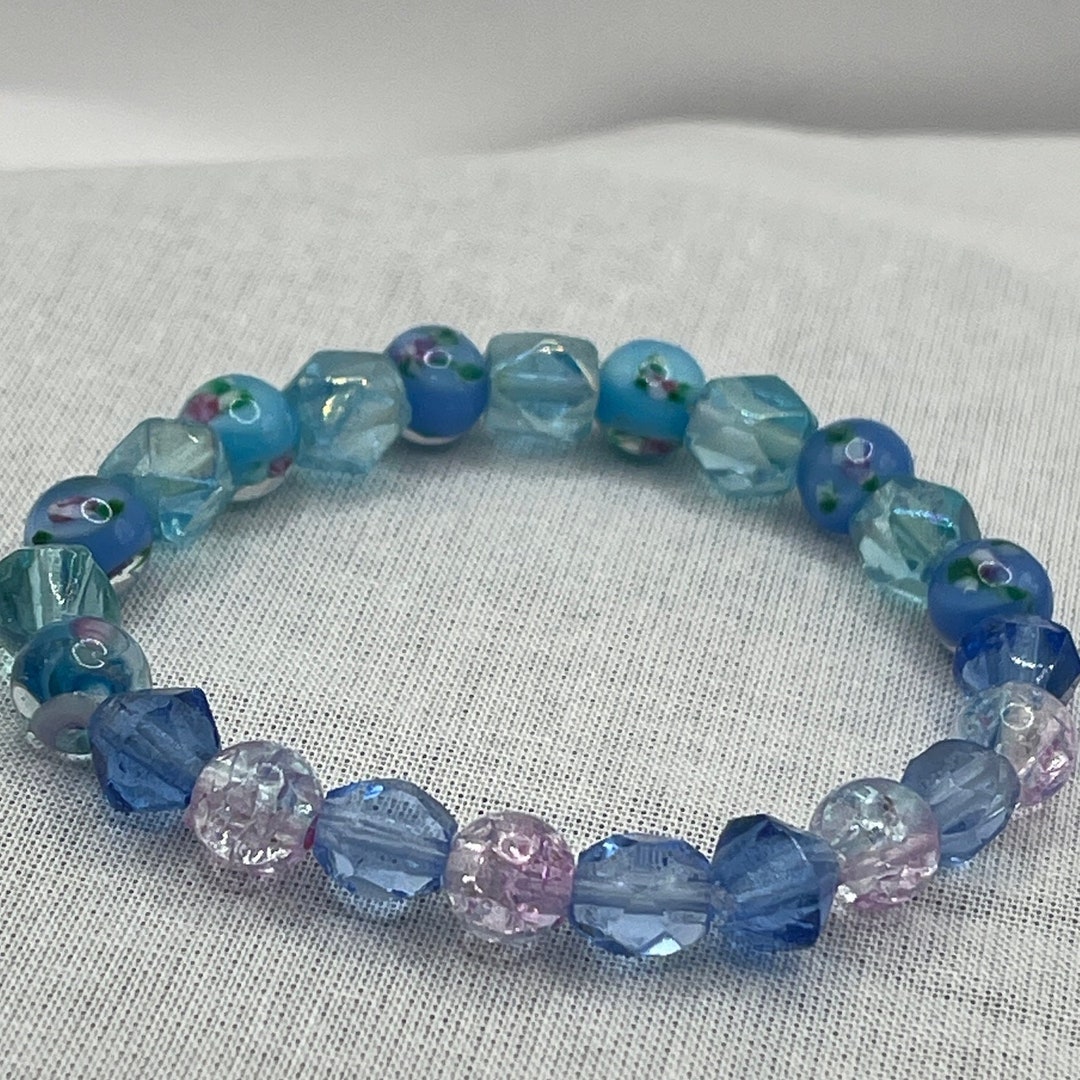 Beaded Bracelet, Sky Blue Crystals, Glass Blue Beads, Stretch Band - Etsy