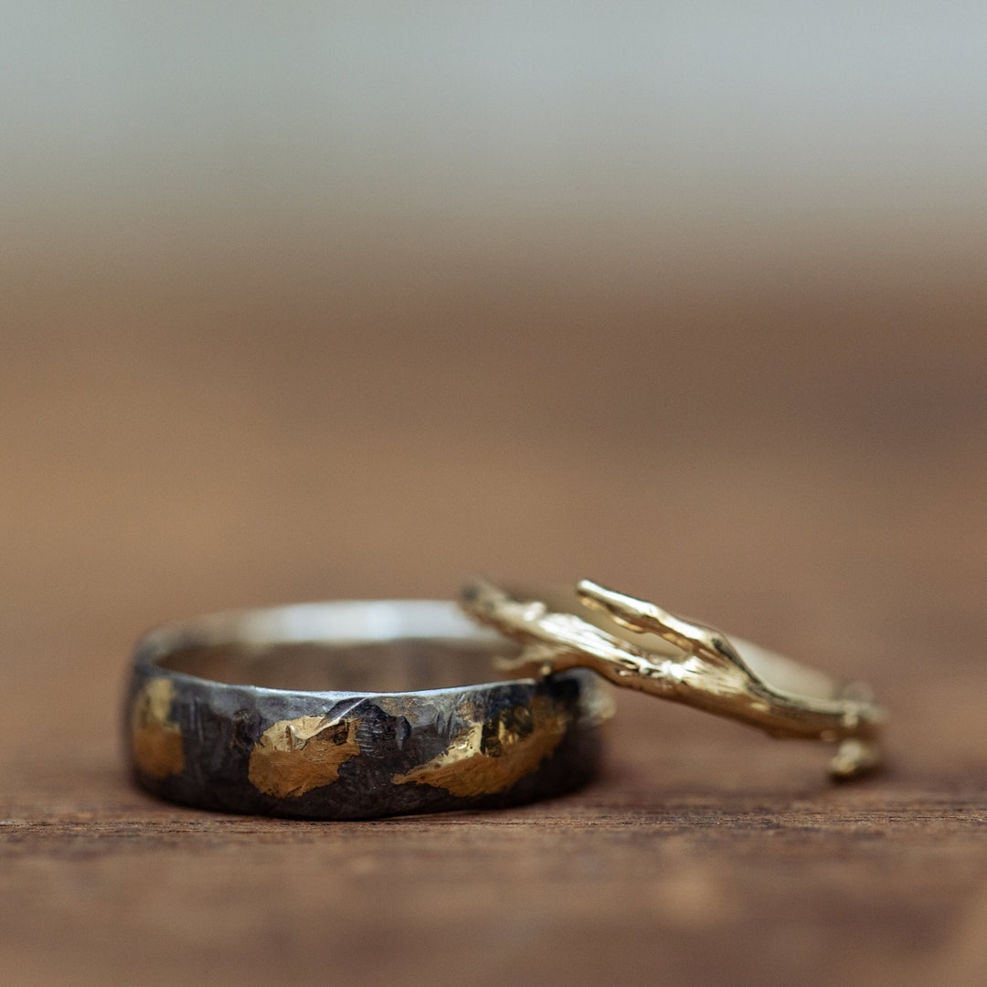 Nature Inspired Wedding Ring Set His and Her. Keum Boo Ring - Etsy