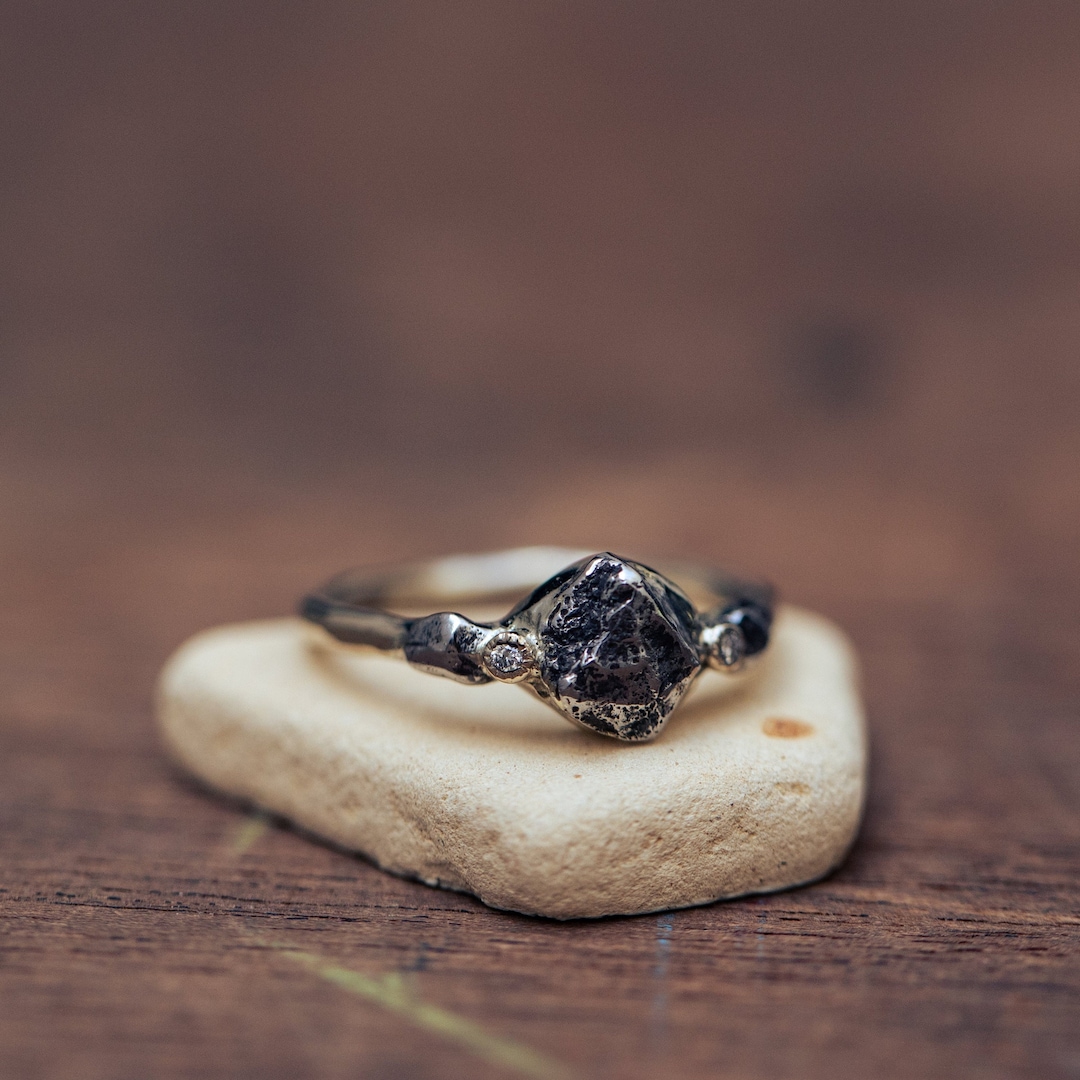 Solid Gold Meteorite Engagement Ring Set With Three Authentic Campo Del ...