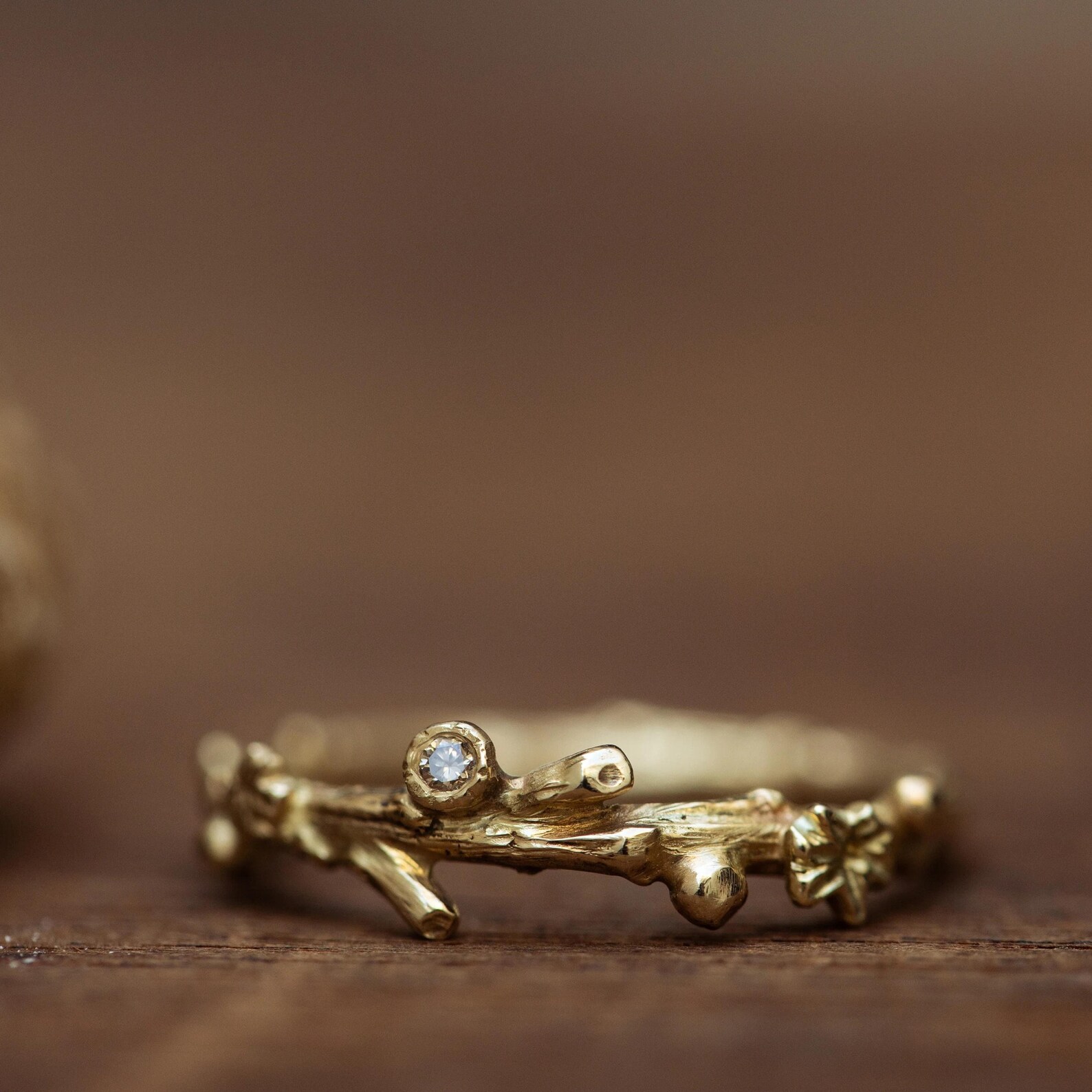 14K Solid Gold Twig Engagement Ring Set With Small Natural White ...