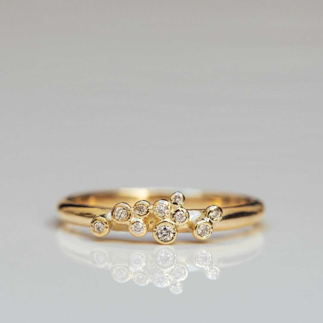 14k Solid Gold Bubble Ring Set With Small Natural White Round Diamonds ...