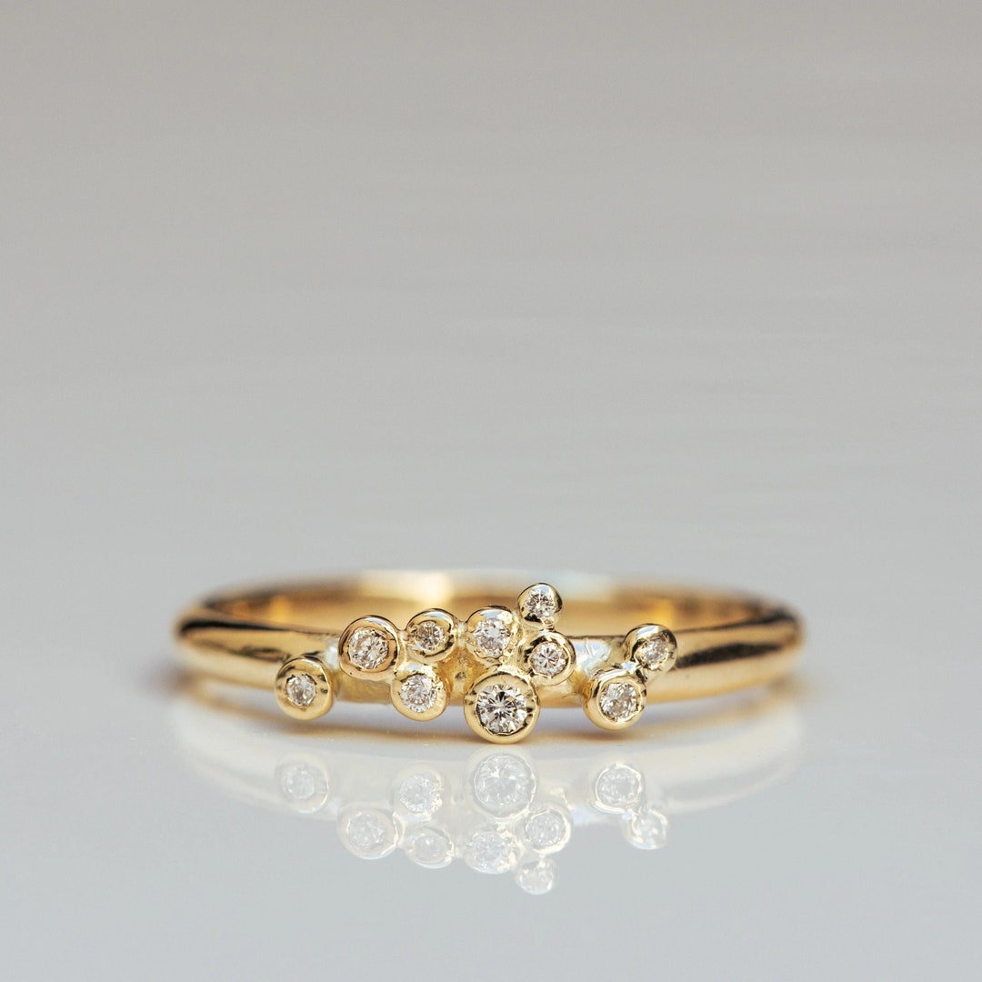 14k Solid Gold Bubble Engagement Ring Set With Small Natural White ...