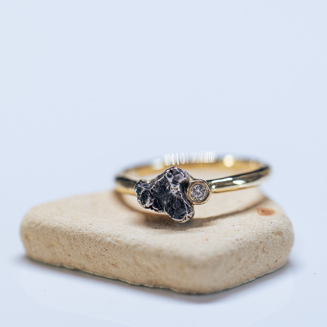 14K Gold Meteorite Ring Set With 1.8mm Natural White Diamond. Unusual ...