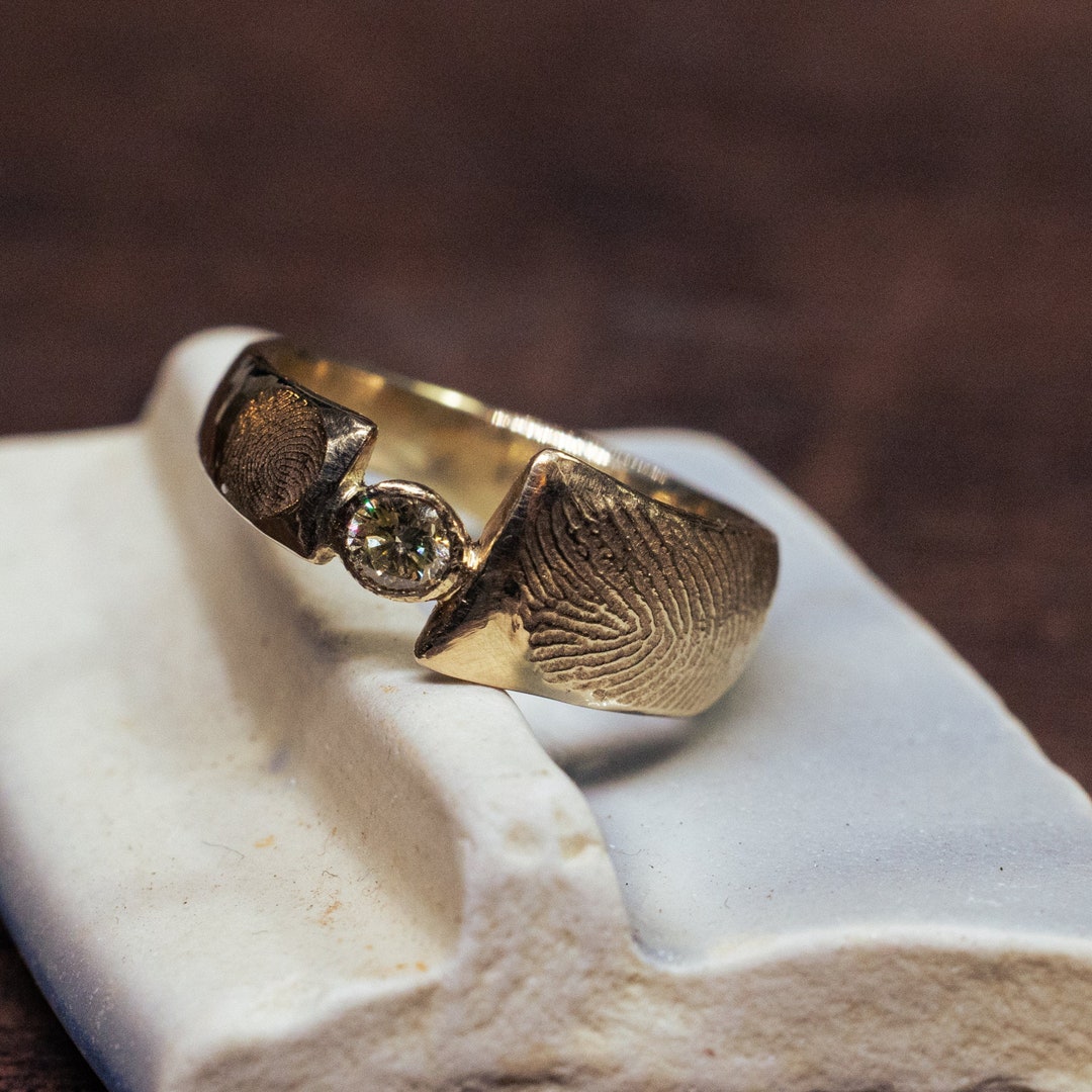 Solid Gold Asymmetric Fingerprint Ring. Champagne Diamond Engagement ...