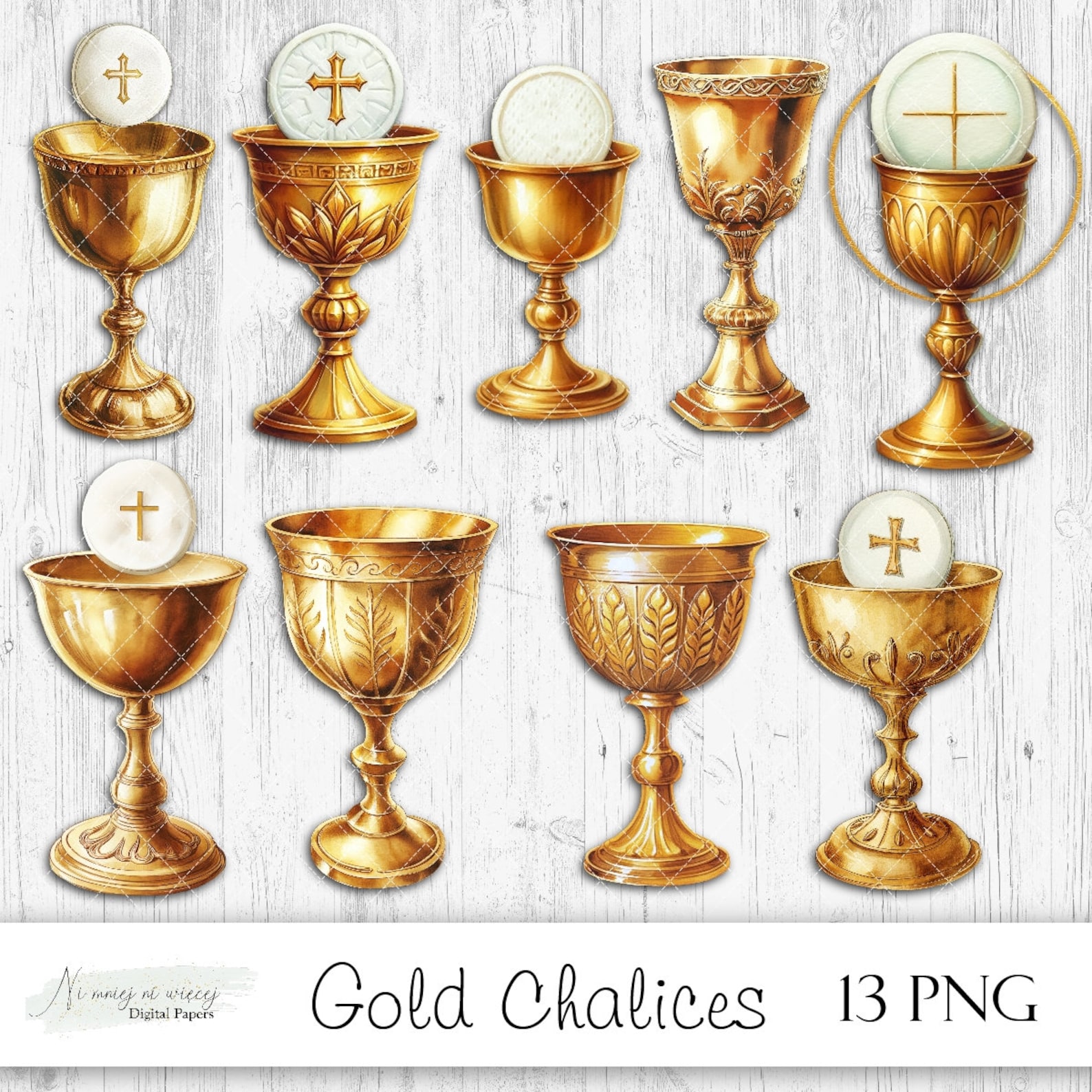 Gold Chalice- Collection of PNG Watercolor Cliparts, Printable Digital ...