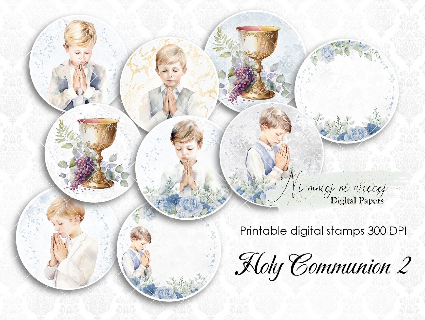 Digital Stamps, holy Communion 2-2 Circle Tags, First Communion Blue ...