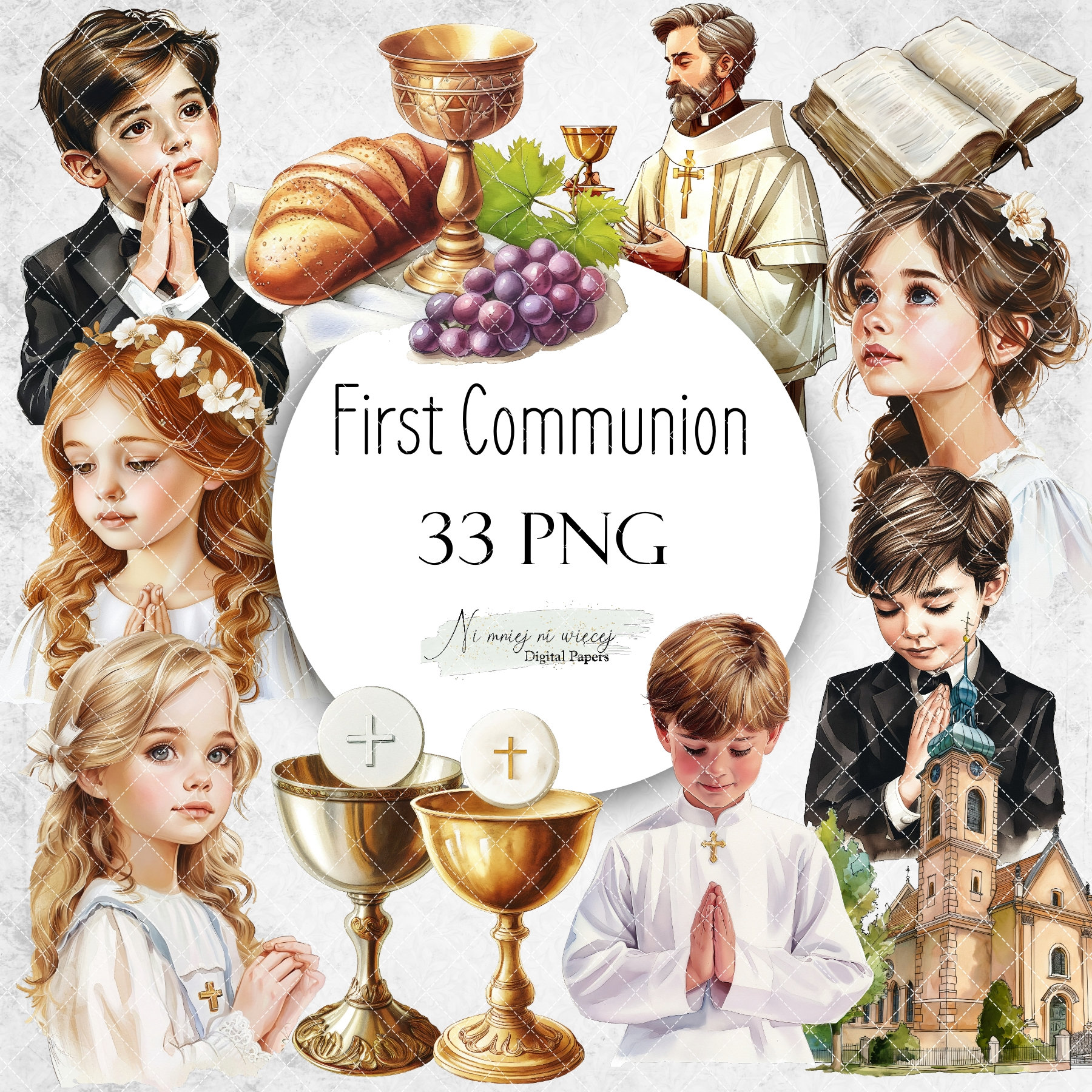First Communion Collection of PNG Watercolor Cliparts, Printable ...