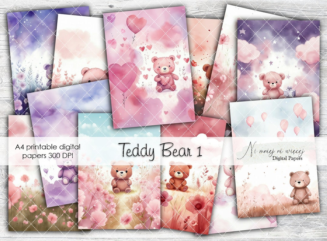 A4 Teddy Bear 1 Collection, Printable Digital Papers With Teddy Bears ...