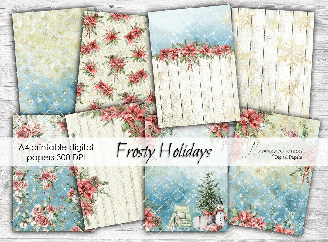 A4 Frosty Holidays Collection, Holiday Digital Papers, Blue and White ...