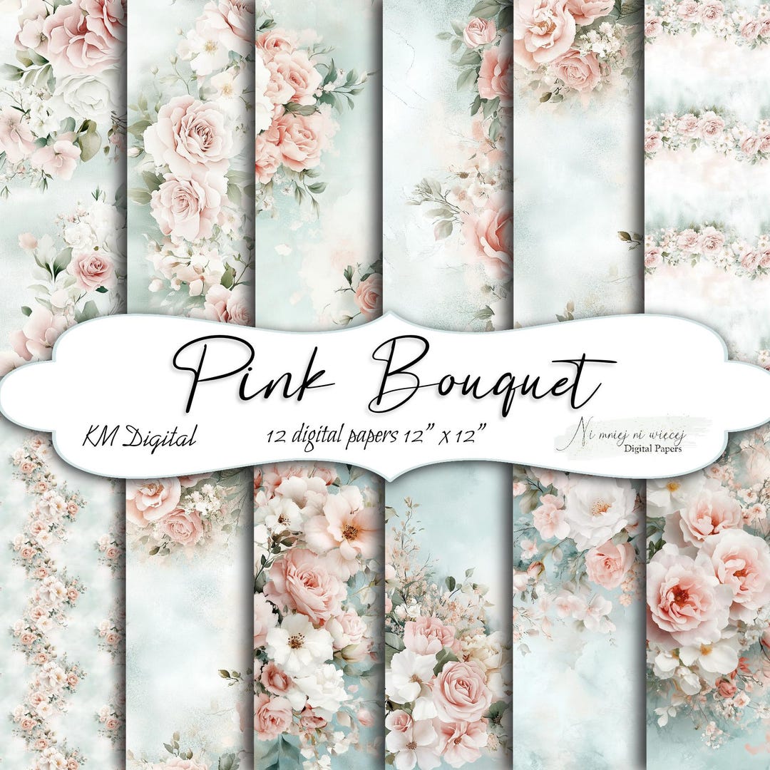 Wedding Pink and Blue Peony Collection, Printable, Digital Papers, JPEG ...