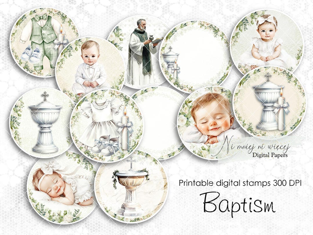 Baptism Printable Digital Tags for Kids, Circle Lovely Stamps for Baby ...