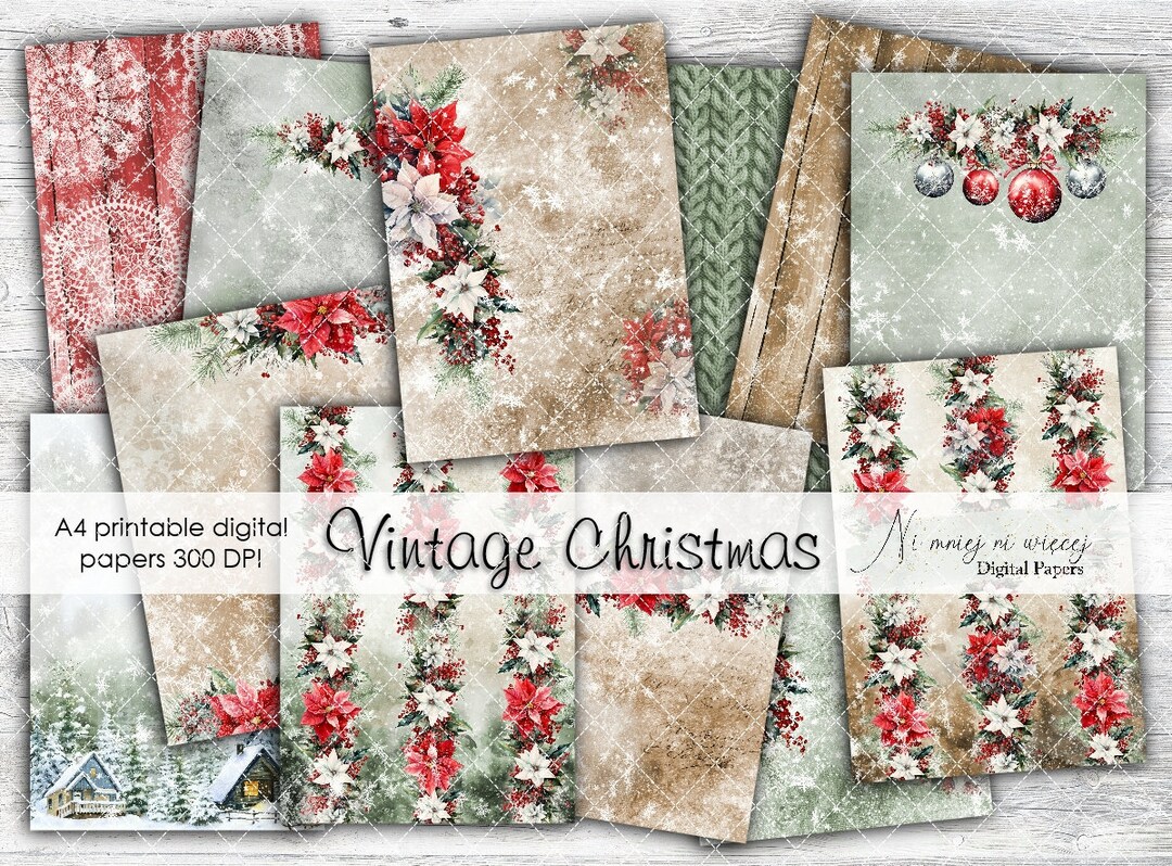 A4 Vintage Christmas Collection, Holiday Digital Papers, Red and Green ...