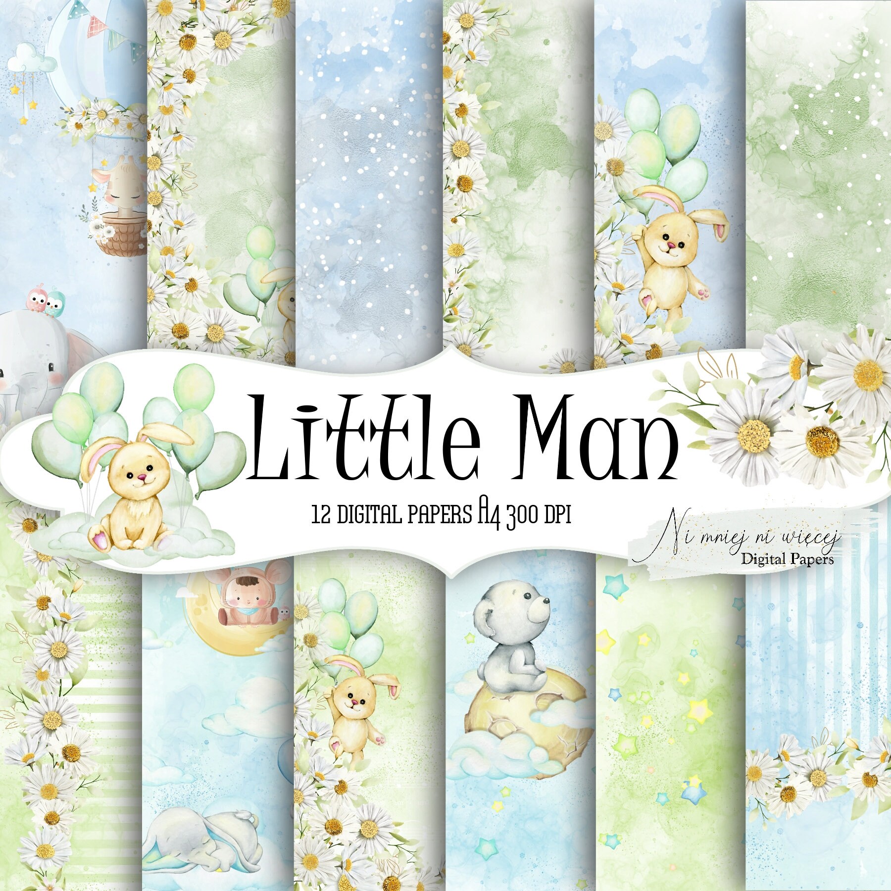 A4 Little Man Collection, Printable Digital Papers With Baloons, Bears ...