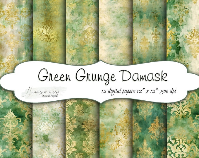 Distressed Green and Gold Digital Paper, Gold Foil Patterns, Vintage ...