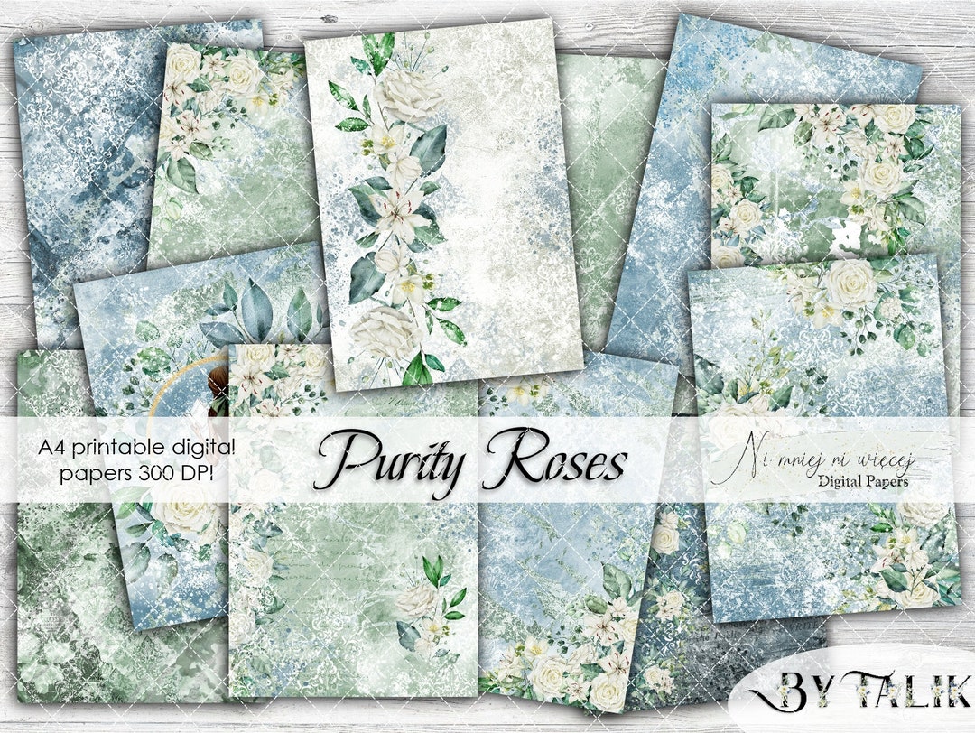 A4 Purity Roses Collection, Printable Shabby Papers, JPEG Scrapbooking ...