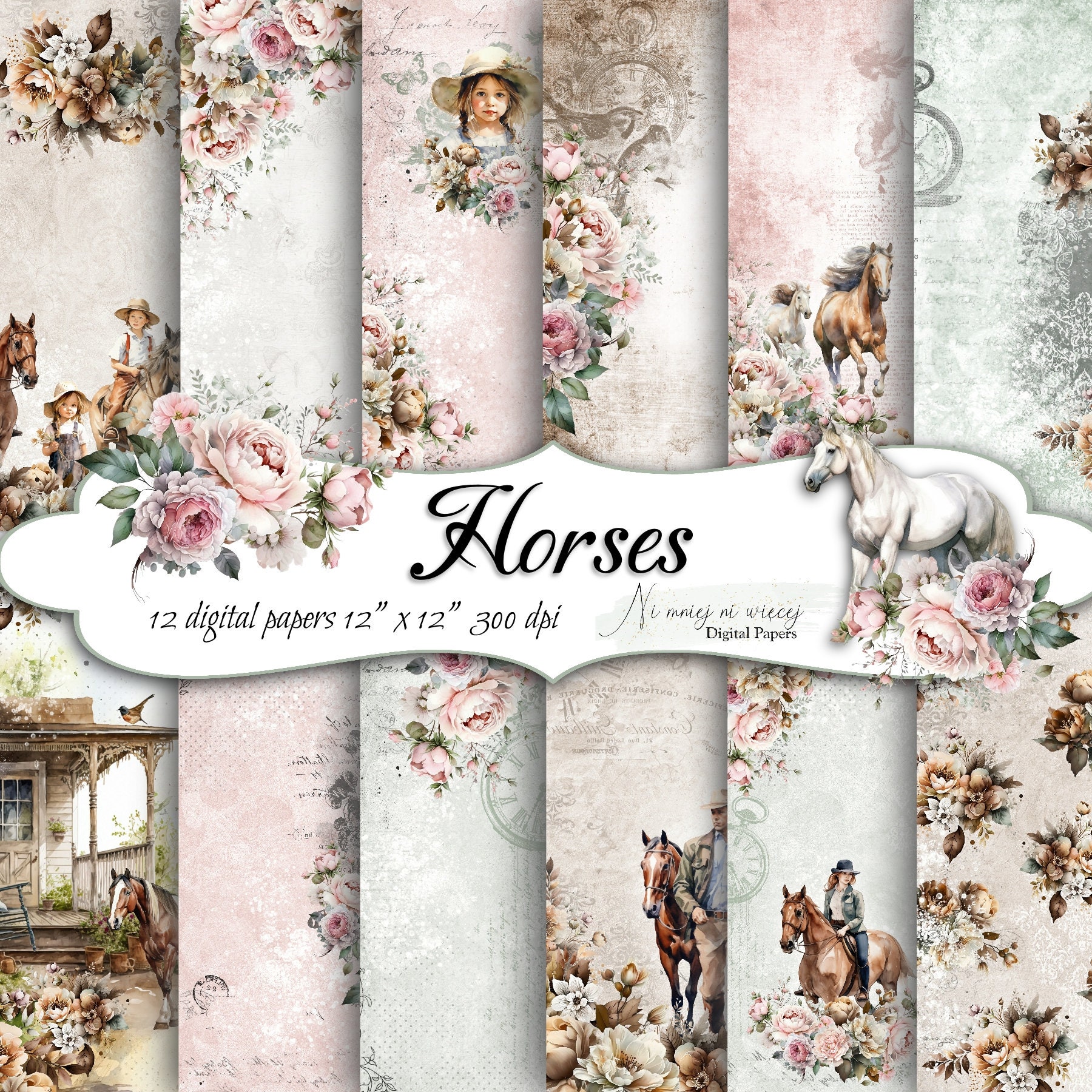 Horses Collection, Printable Digital Paper, Scrapbooking Paper Pack ...