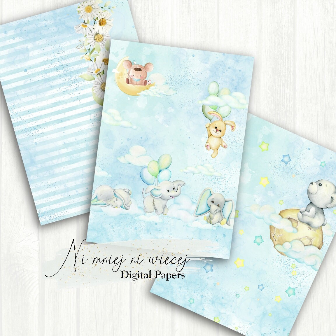 A4 Little Man Collection, Printable Digital Papers With Baloons, Bears ...