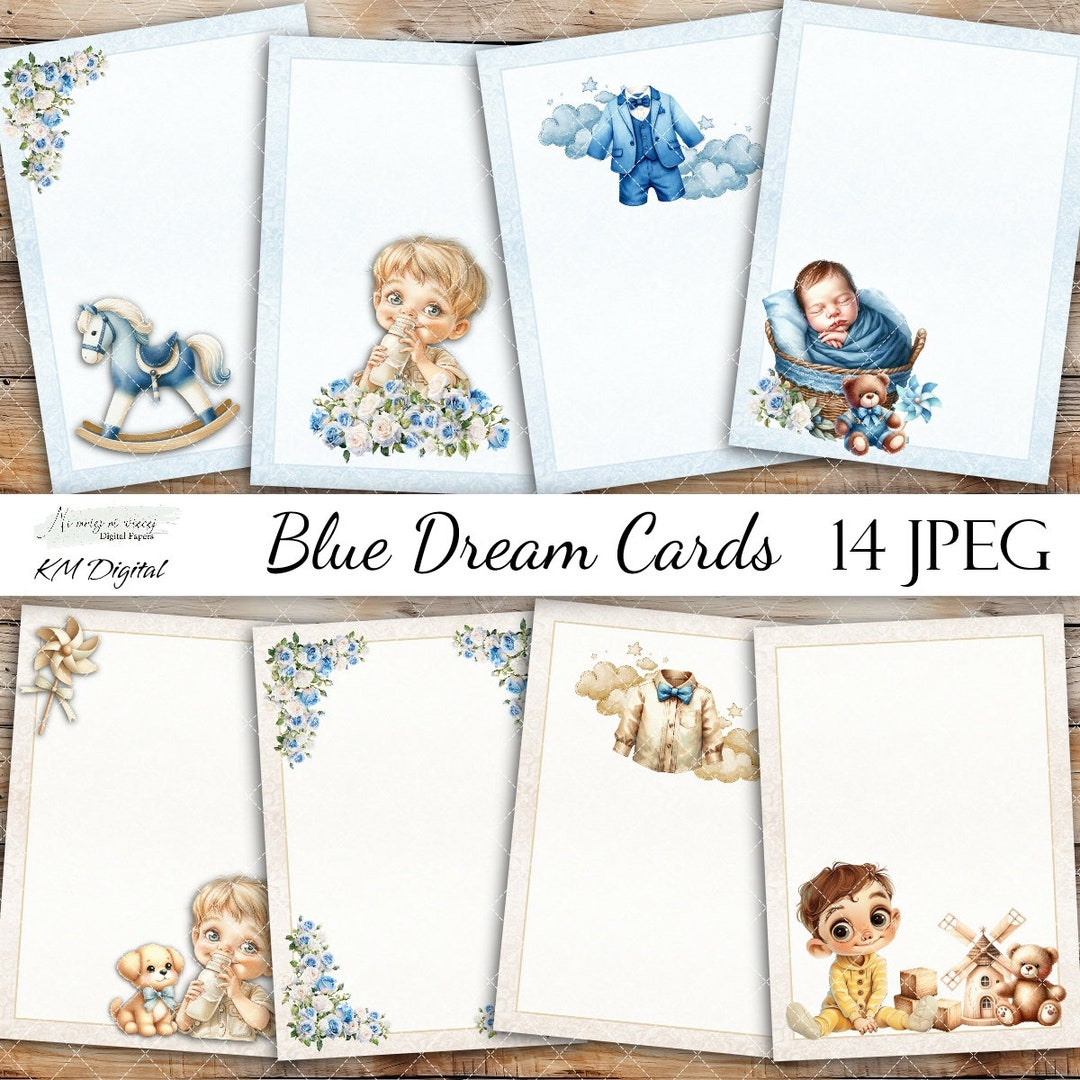 Blue Dreams Cards Collection, Printable Baby Digital Papers, 7' X 5 ...