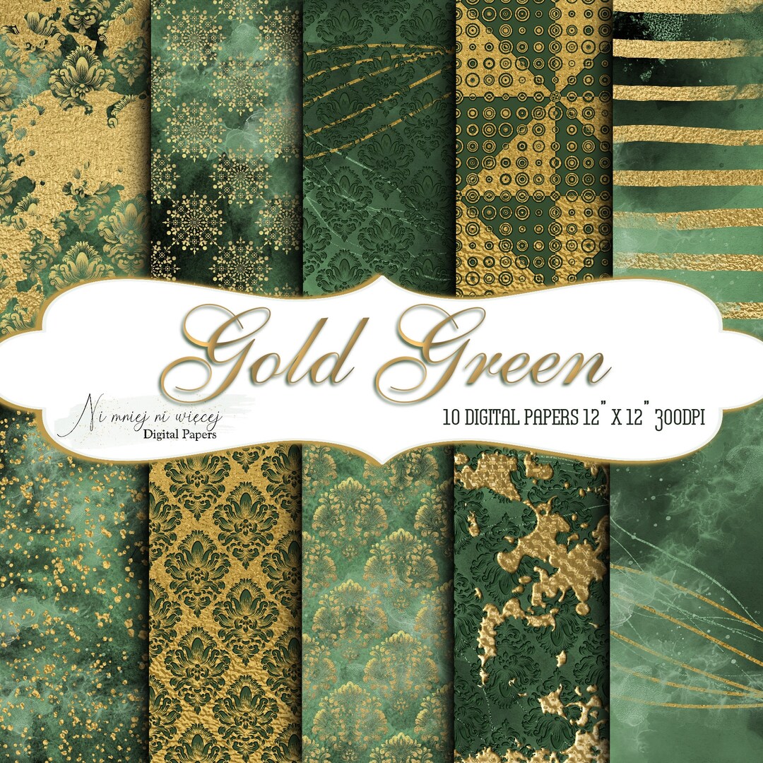 Gold Green Collection, Gold and Green Foil Digital Papers, Damask ...