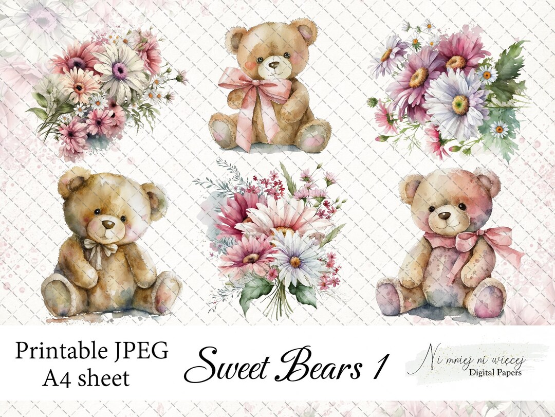Sweet Bears 1 Collection of Teddy Bears and Flowers, Printable Digital ...