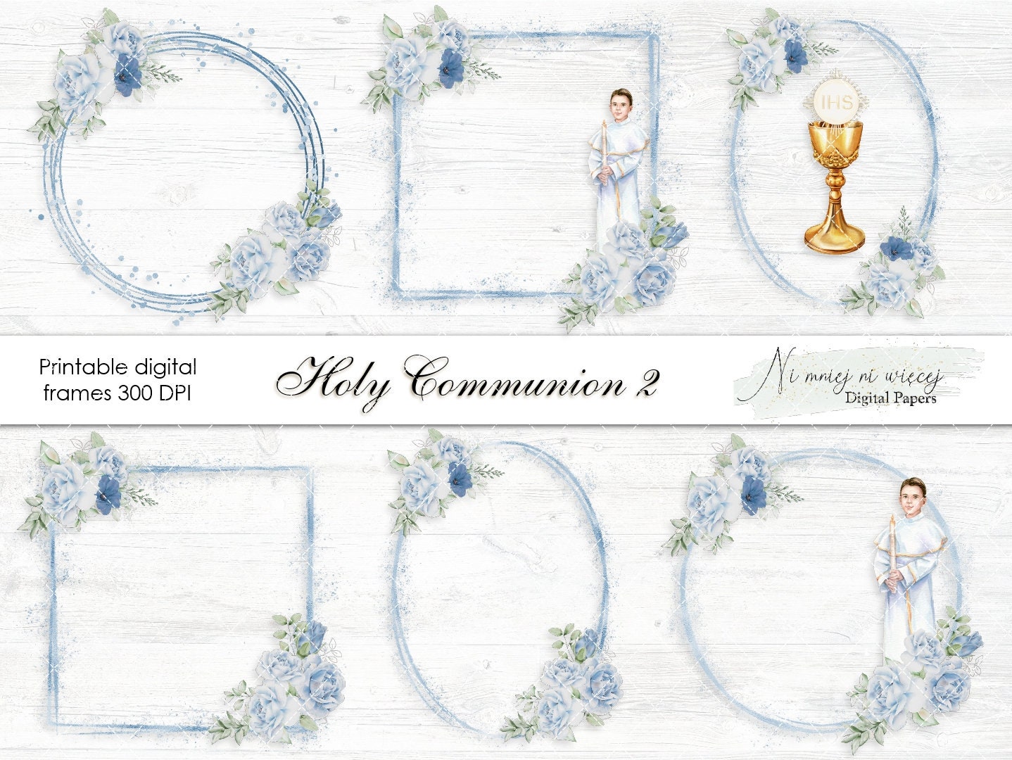 Holy Communion 2 Frames, Blue Flowers Frame, PNG Frame With Boy for ...