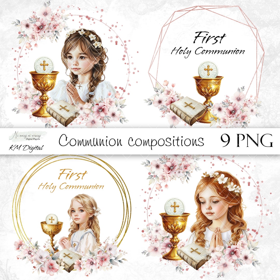 PINK First Communion Compositions With Flowers, for Invitations, PNG ...