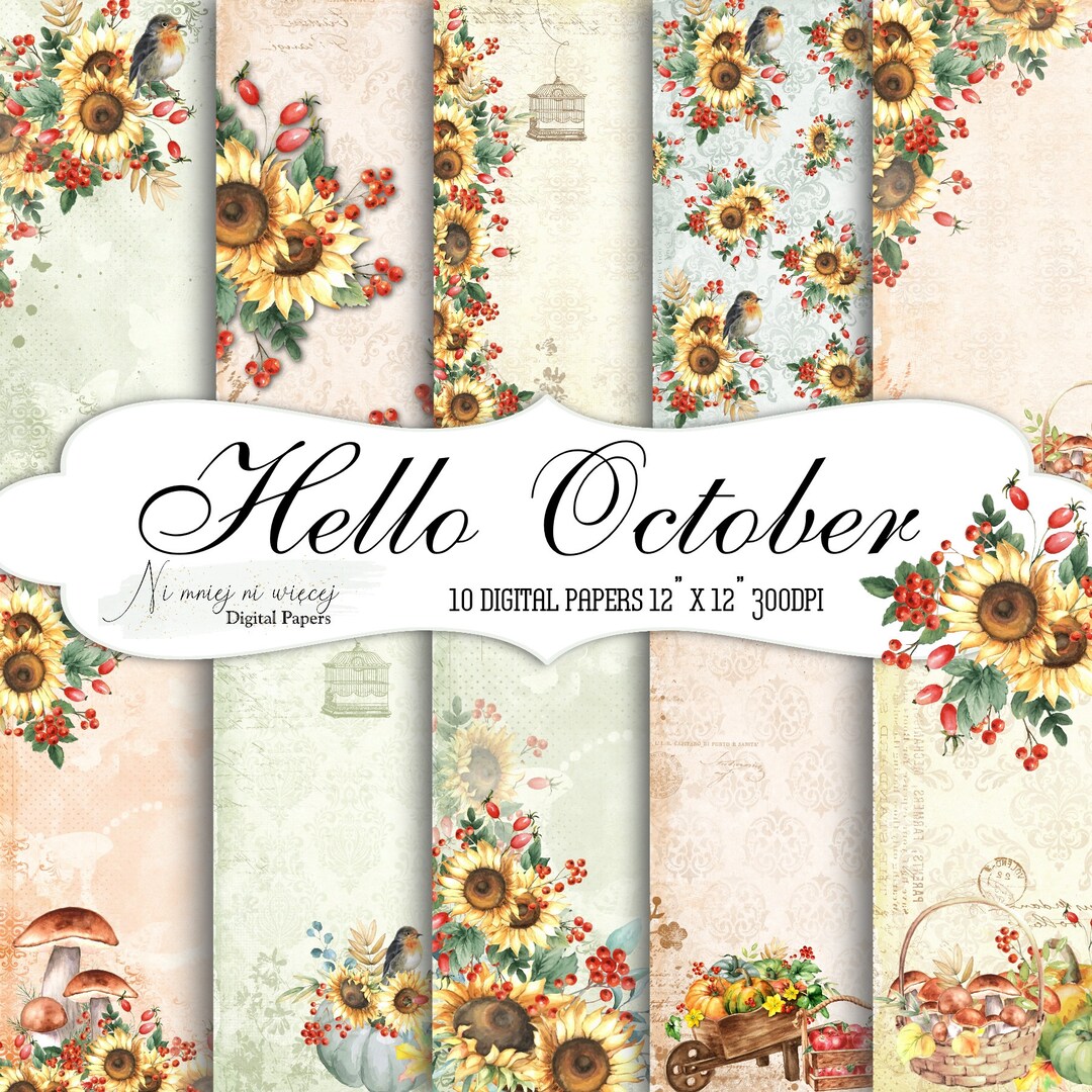 Hello October Collection, Digital Papers With Sunflowers and Pumpkins ...