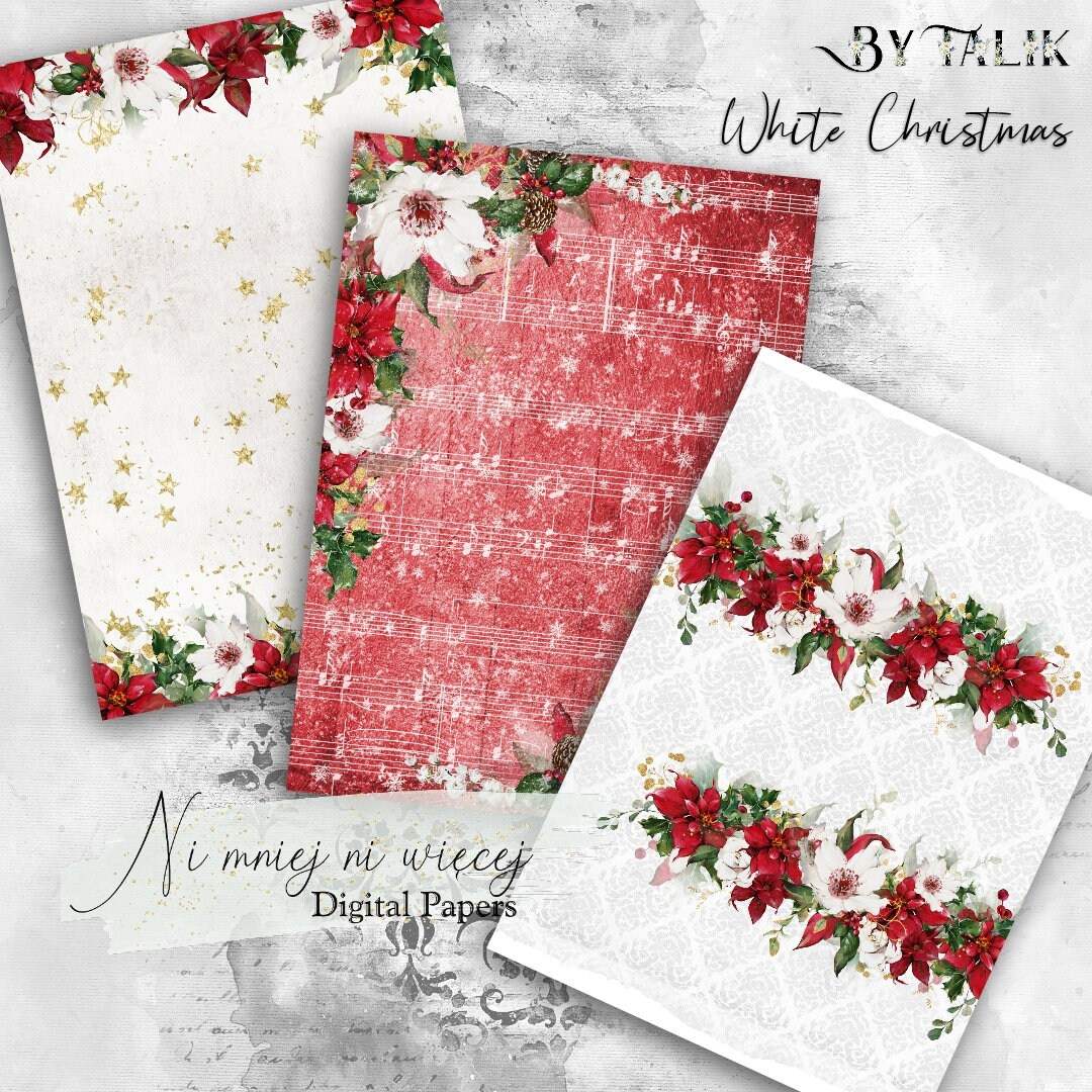 A4 White Christmas Collection, Holiday Digital Papers, White and Red ...