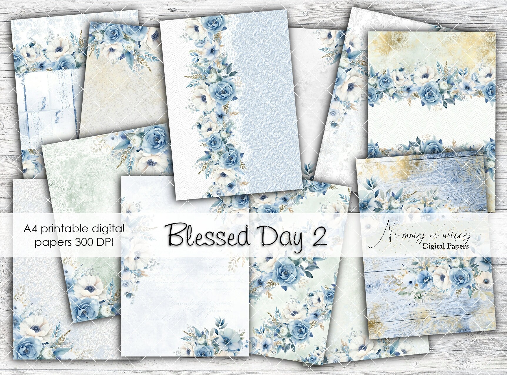 A4 Blessed Day 2 Collection, Printable Digital Paper, Blue Scrapbooking Paper Pack, Downloadable ...
