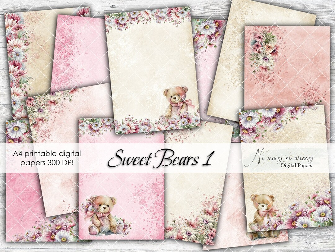 A4 Sweet Bears 1 Collection, Printable Digital Papers With Teddy Bears ...