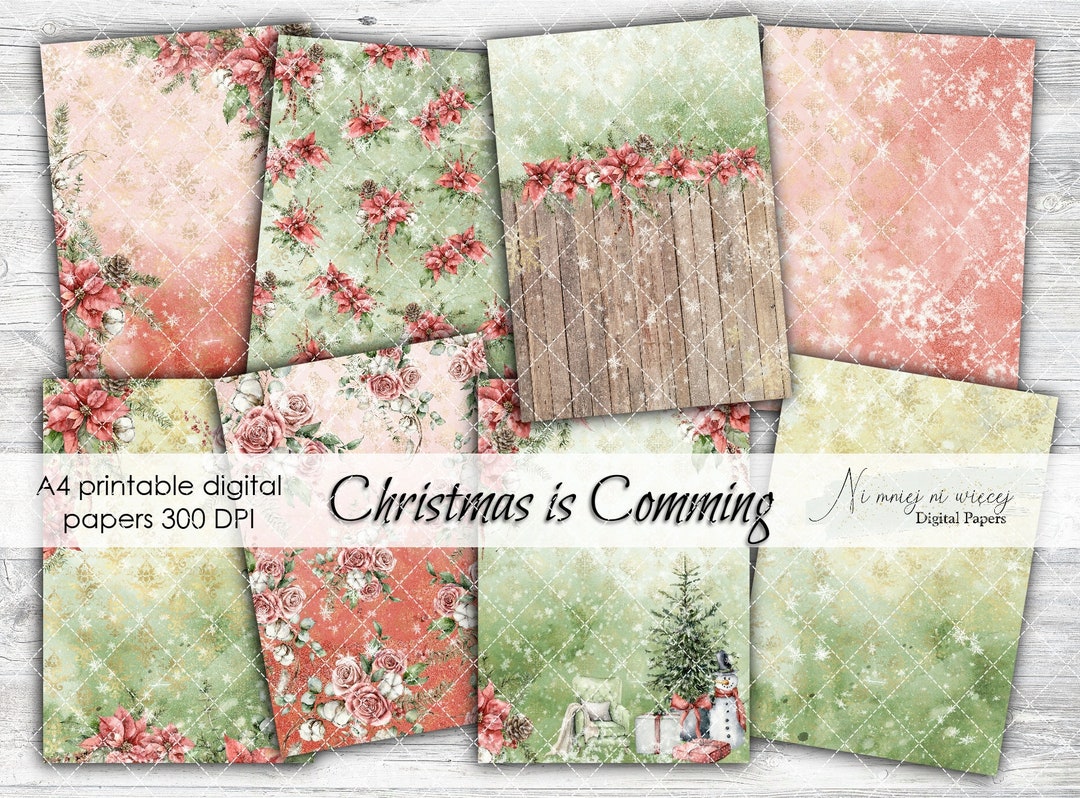 A4 Christmas is Comming Collection, Holiday Digital Papers, Green and ...